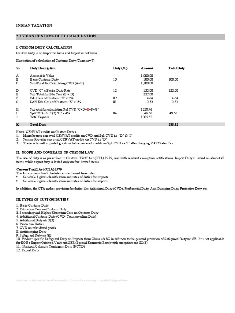 Indian Taxation: I. Custom Duty Calculation | PDF | Textiles | Prices