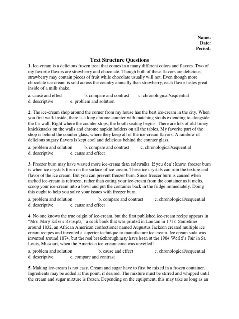 Text Structure Questions | PDF | Ice Cream | Desserts