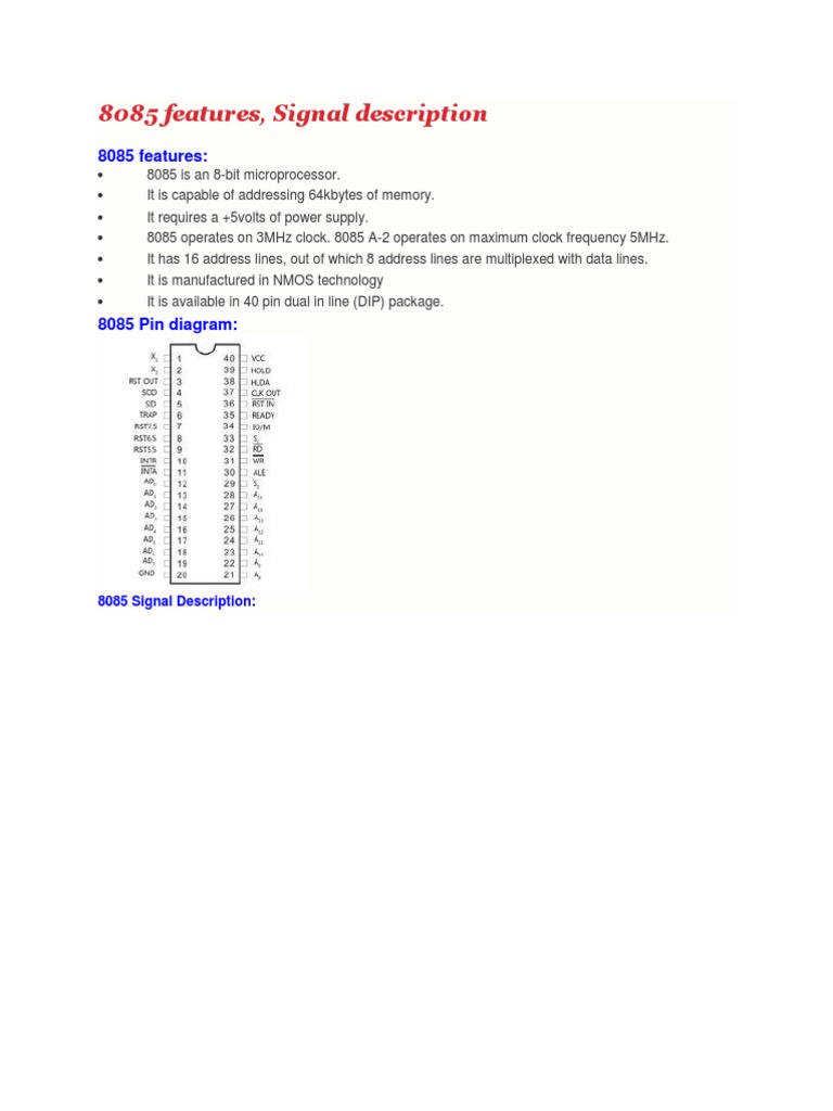 8085 Features, Signal Description | PDF | Input/Output | Central Processing Unit