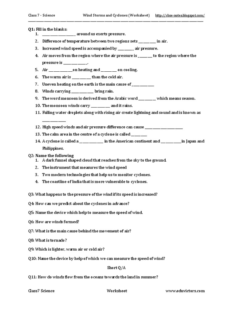 NCERT Class7 Science Worksheet On Winds and Storms | Cyclone | Wound