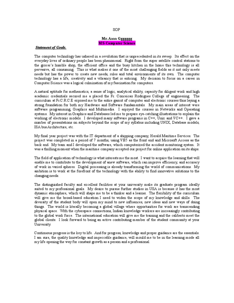 Statement of Purpose Engineering (SOP) | PDF | Computer Science ...