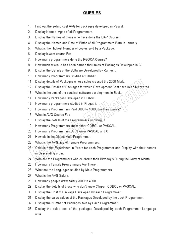 Queries | PDF | Programmer | Computer Science Queries | PDF | Programmer | Computer Science