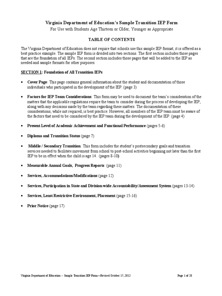 Virginia Transition IEP Sample Form | PDF | Individualized Education ...