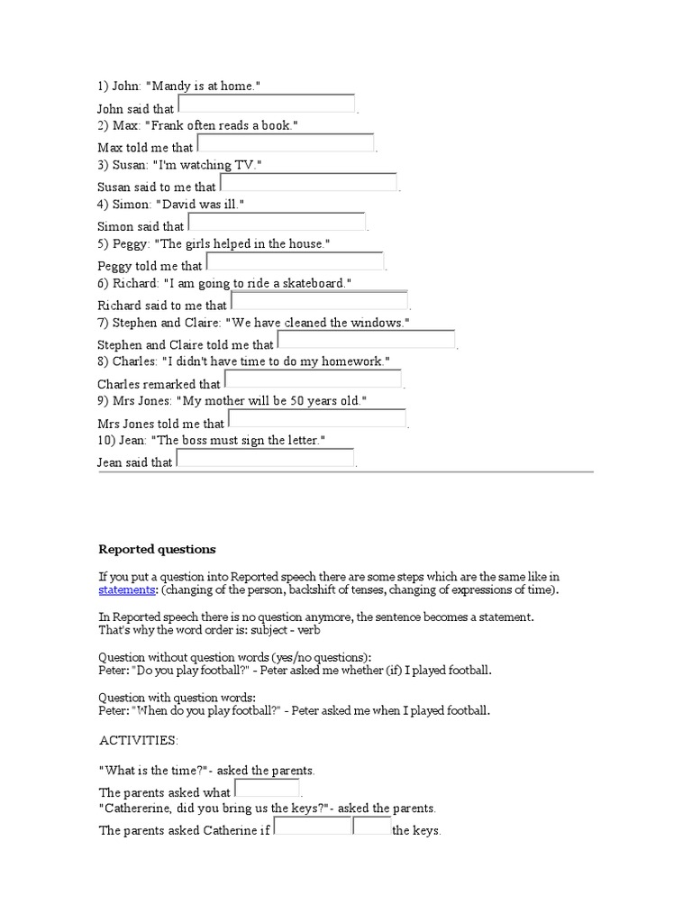 Reported Speech Extra Exercises | PDF | Semantics | Semiotics