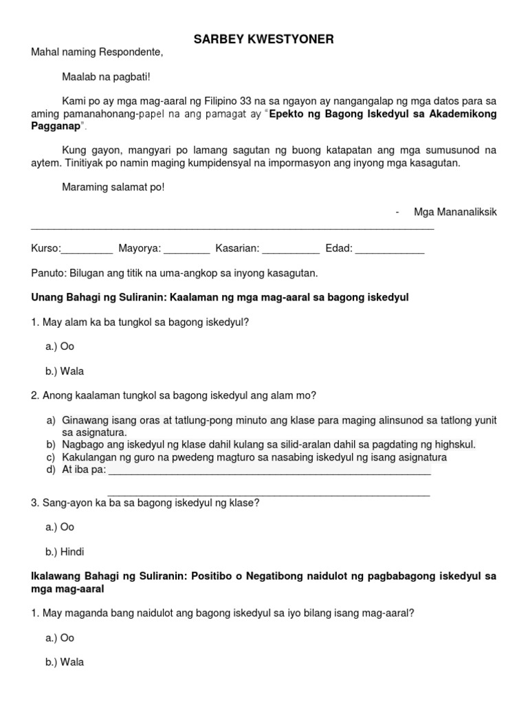 Sample Survey Questionaire (Tagalog) | PDF
