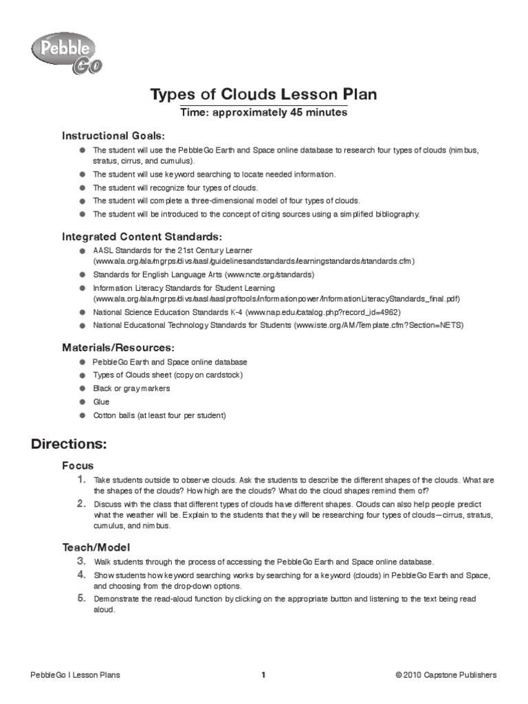 Types of Clouds Lesson Plan: Time: Approximately 45 Minutes ...