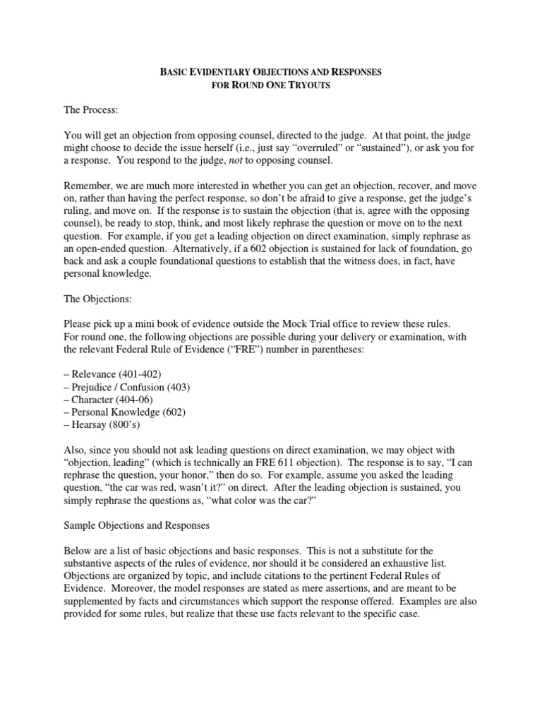 Objection Responses Round One | Hearsay In United States Law | Hearsay