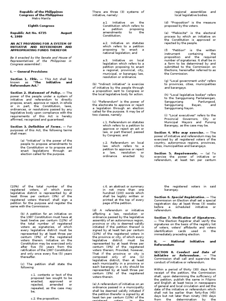 Republic Act No. 6735 | PDF | Initiative | Constitutional Amendment