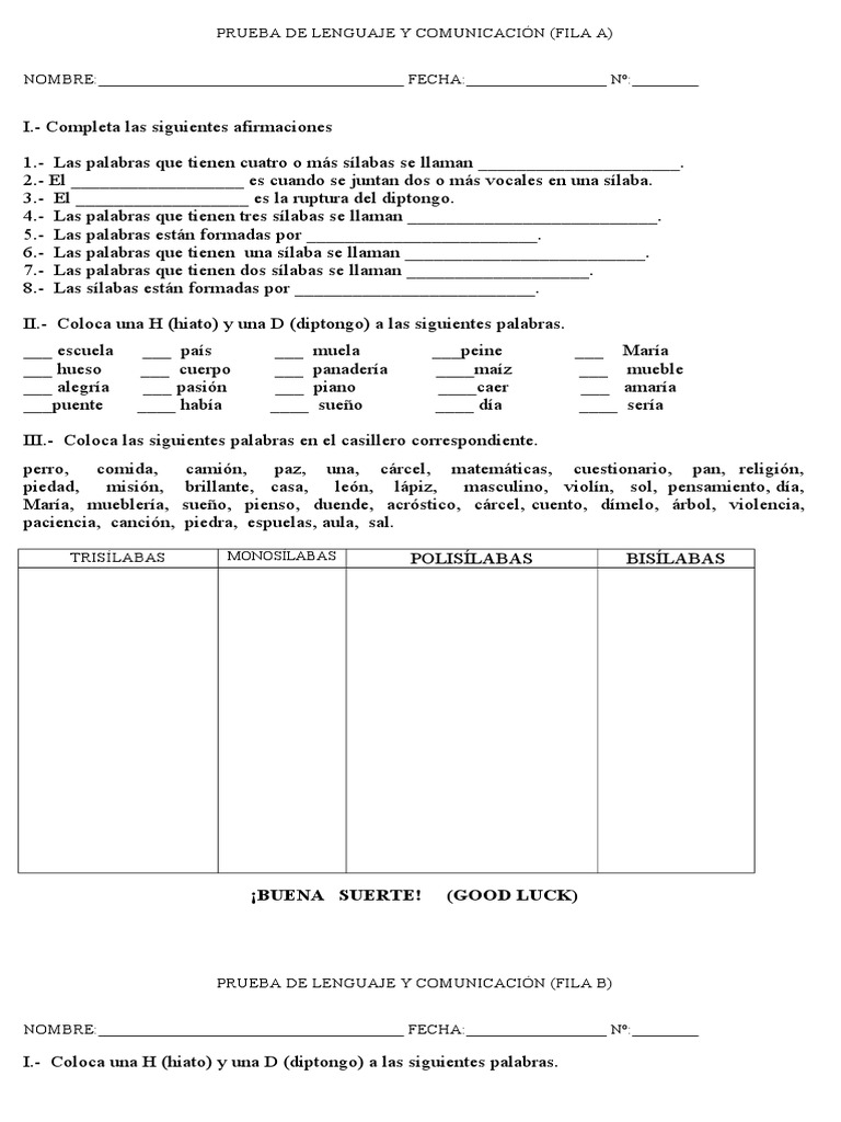Prueba de Silabas | PDF | Filología | Artes del lenguaje y disciplina