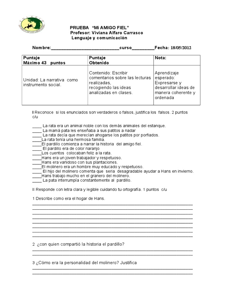 Prueba sobre "Mi Amigo Fiel" | PDF