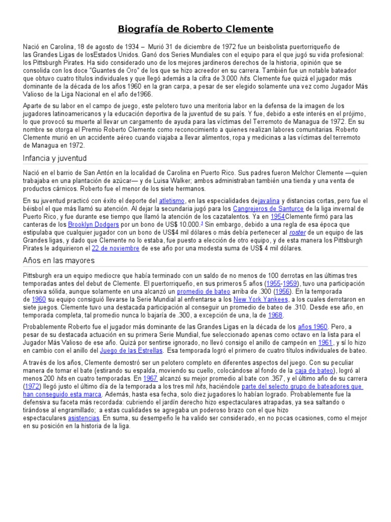 Biografia Roberto Clemente | PDF | Equipos | Juegos de pelota y bate