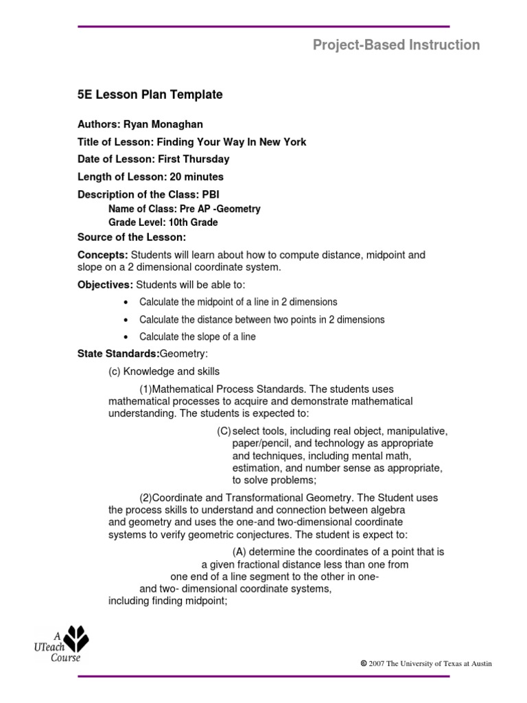 5e Lesson Plan Coordinate System | PDF | Distance | Geometry