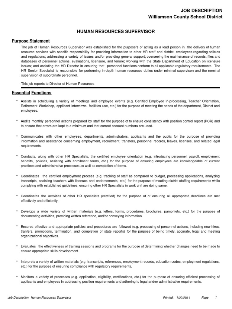 Human Resources Supervisor Job Description in Detail | PDF | Supervisor ...