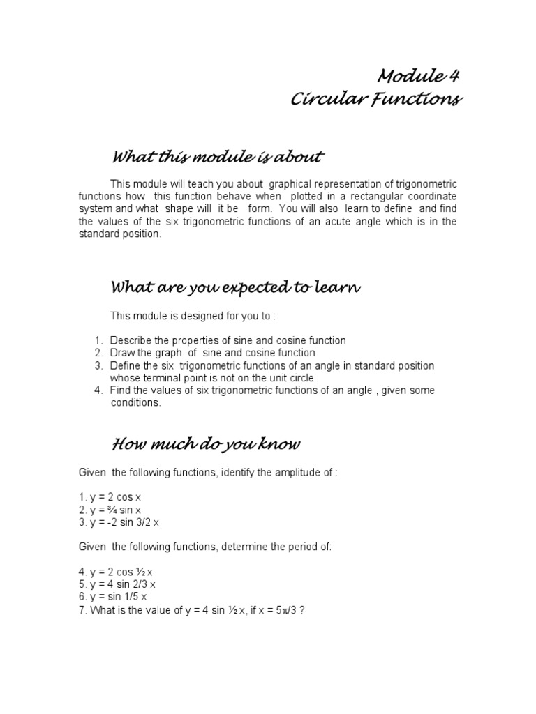 Module 4 Circular Functions | PDF | Sine | Trigonometric Functions