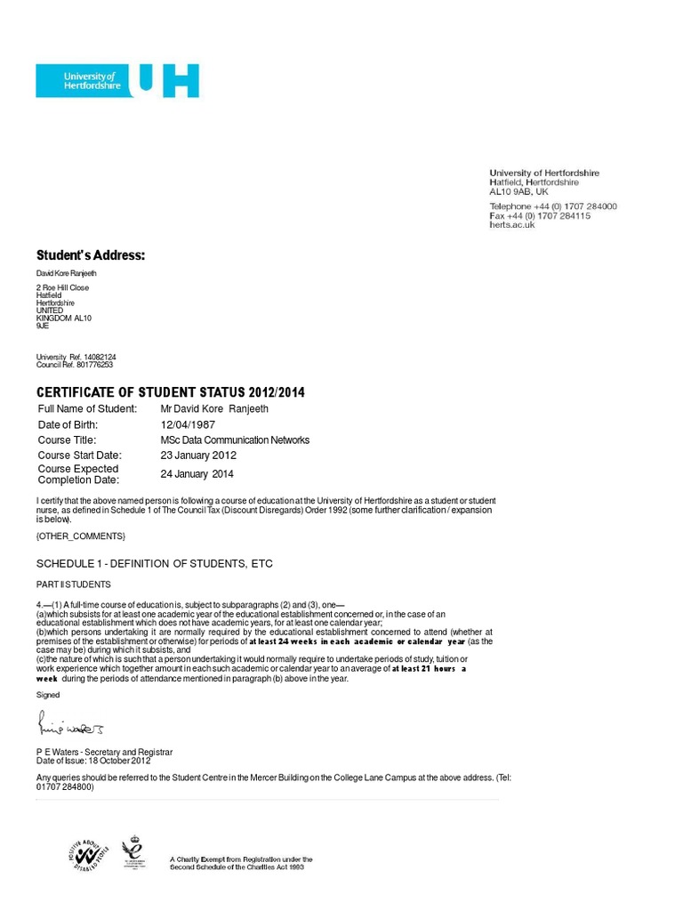 Certificate of Student Status 2012-2014 | PDF