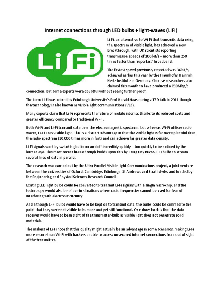 Internet Connections Through Led Bulbs + Light-Waves (Lifi) | PDF