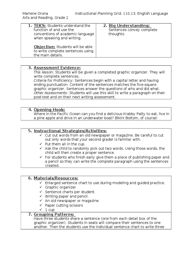 Grade 2 Sentence Writing Lesson Plan | PDF