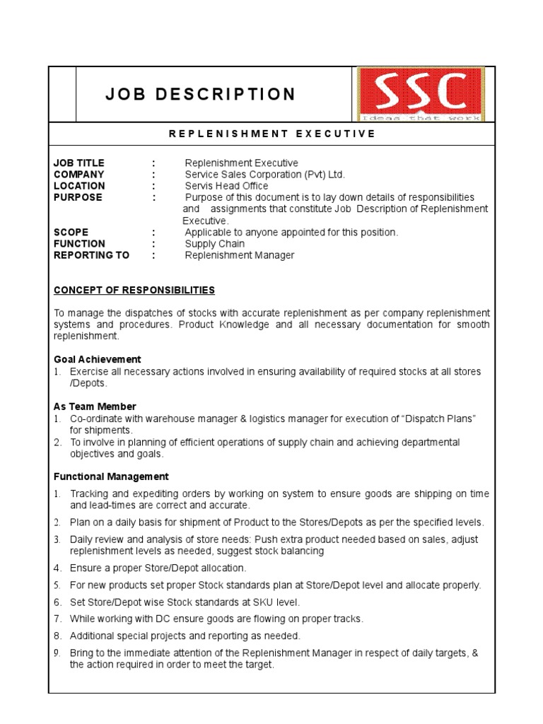 Replenishment Executive Job Description | PDF | Stocks | Logistics