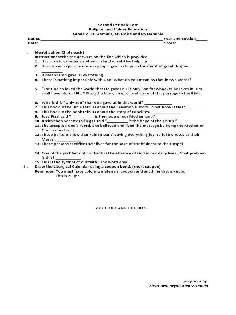 Grade 7 Religion Test by Sir Bryan Panila | PDF