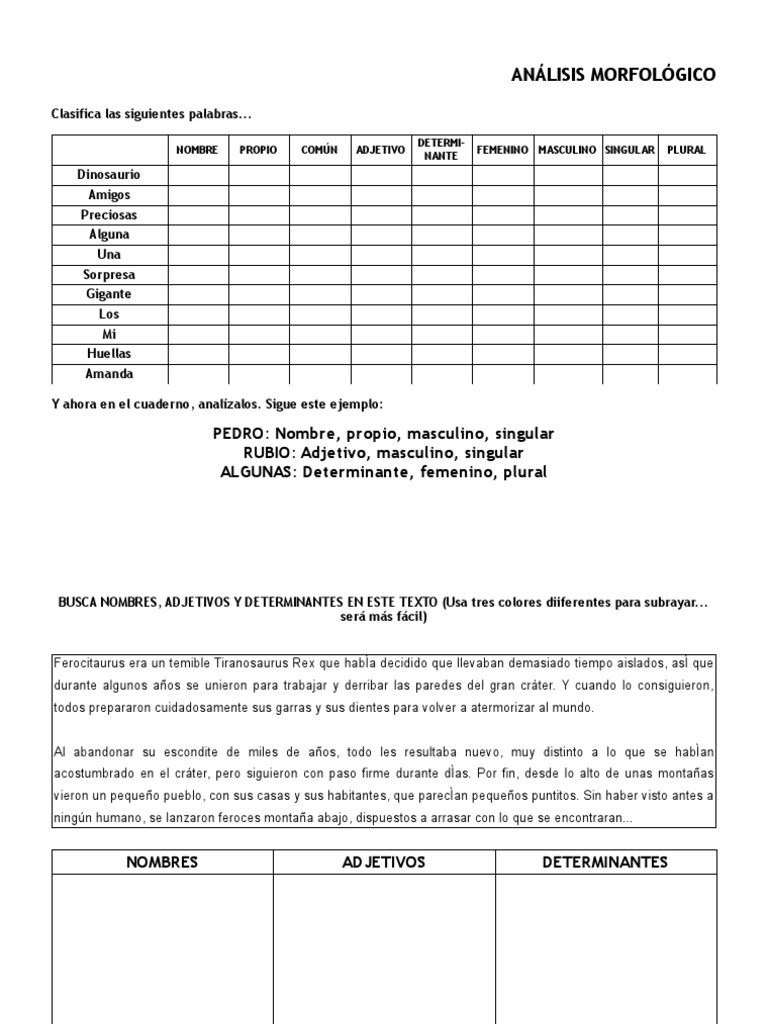 Análisis Morfológico: Clasifica las siguientes palabras..