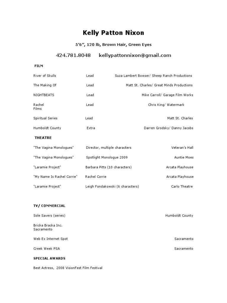 Kelly Patton Nixon: Acting Resume | PDF | Cooking, Food & Wine | Classics