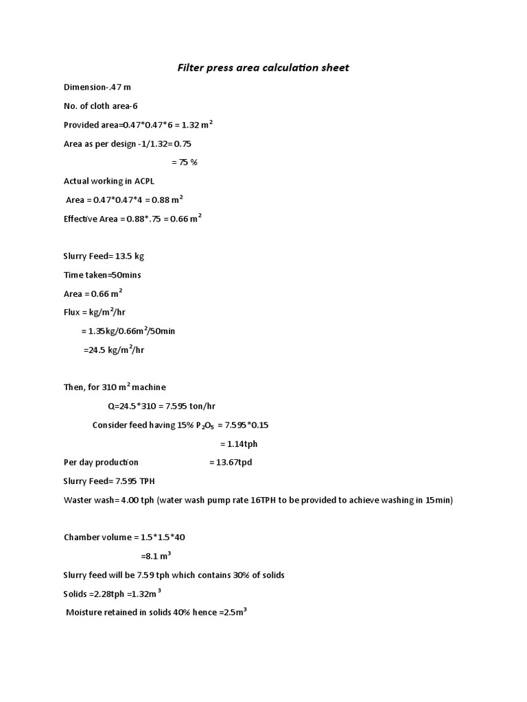 Filter Press Area Calculation Sheet | PDF | Science & Mathematics