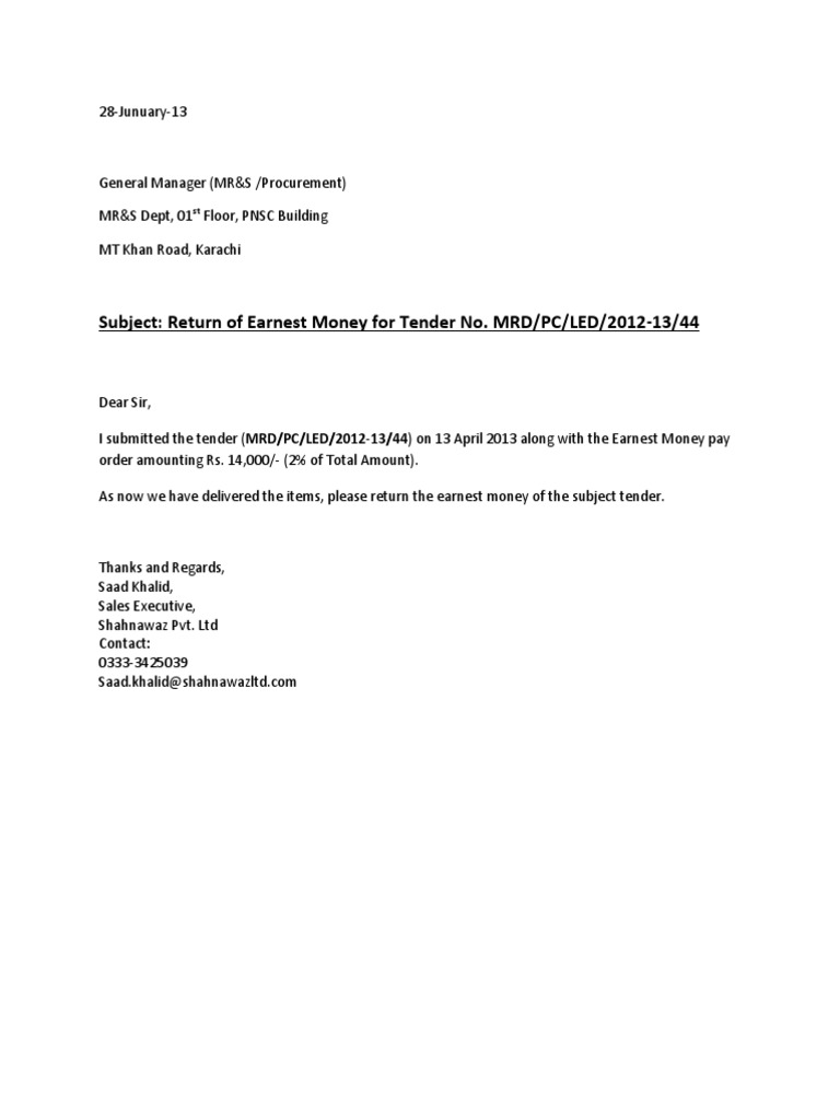 Letter For Returning of Earnest Money | PDF