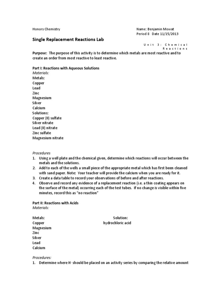 Single Replacement Reactions Lab Report | PDF | Magnesium | Lead