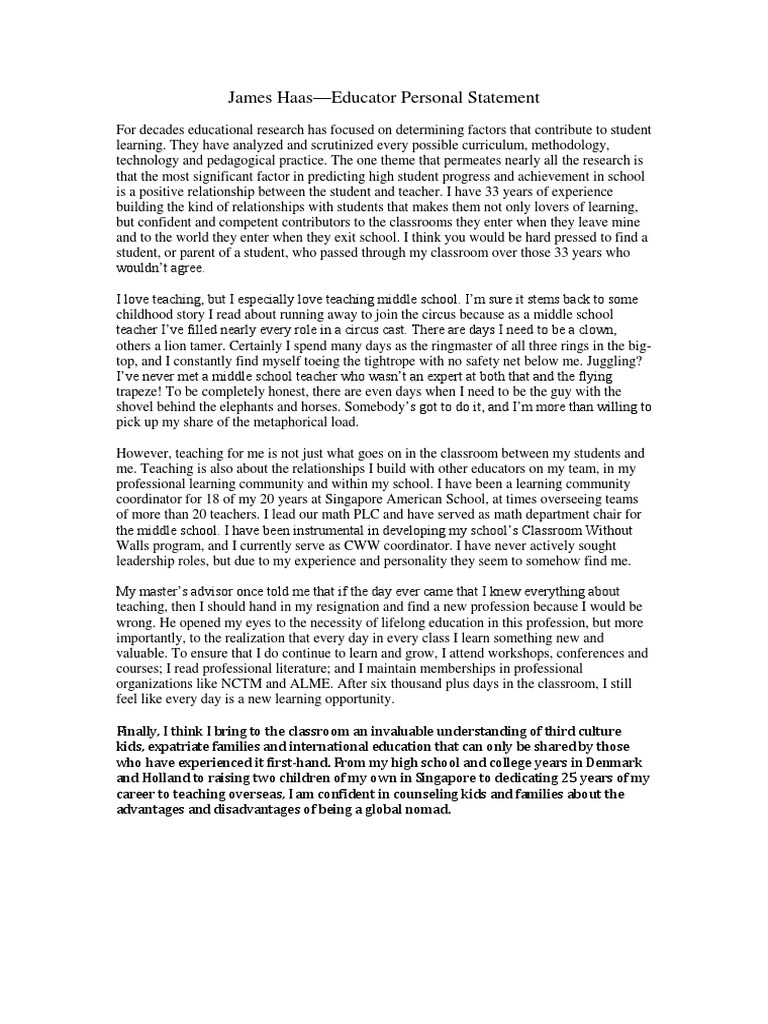 James Haas: Educator Personal Statement | PDF | Quality Of Life | Teachers