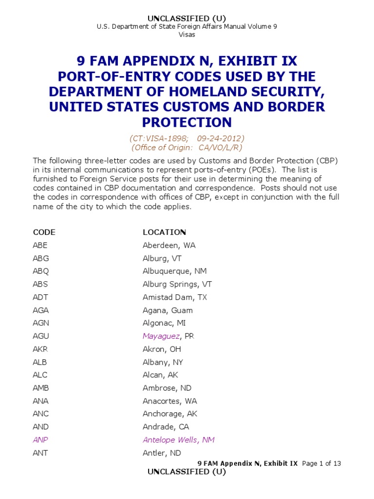 9 Fam Appendix N, Exhibit Ix Port-Of-Entry Codes Used by The Department ...