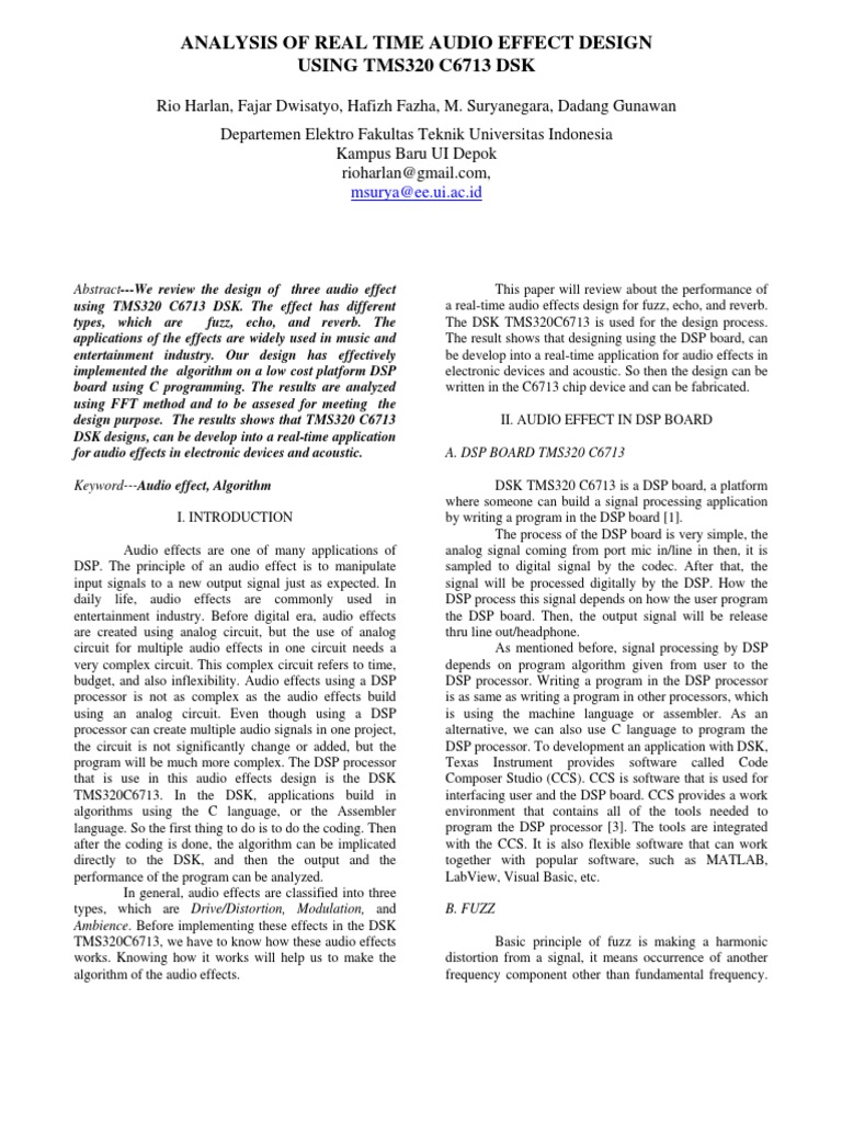Analysis of Real Time Audio Effect Design Using Tms320 C6713 DSK | PDF | Digital Signal ...