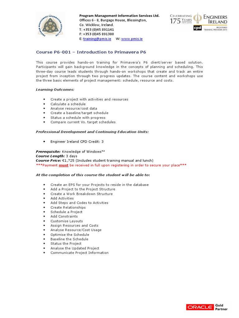 Course P6-001 - Introduction To Primavera P6 | PDF | Computing | Information Technology Management