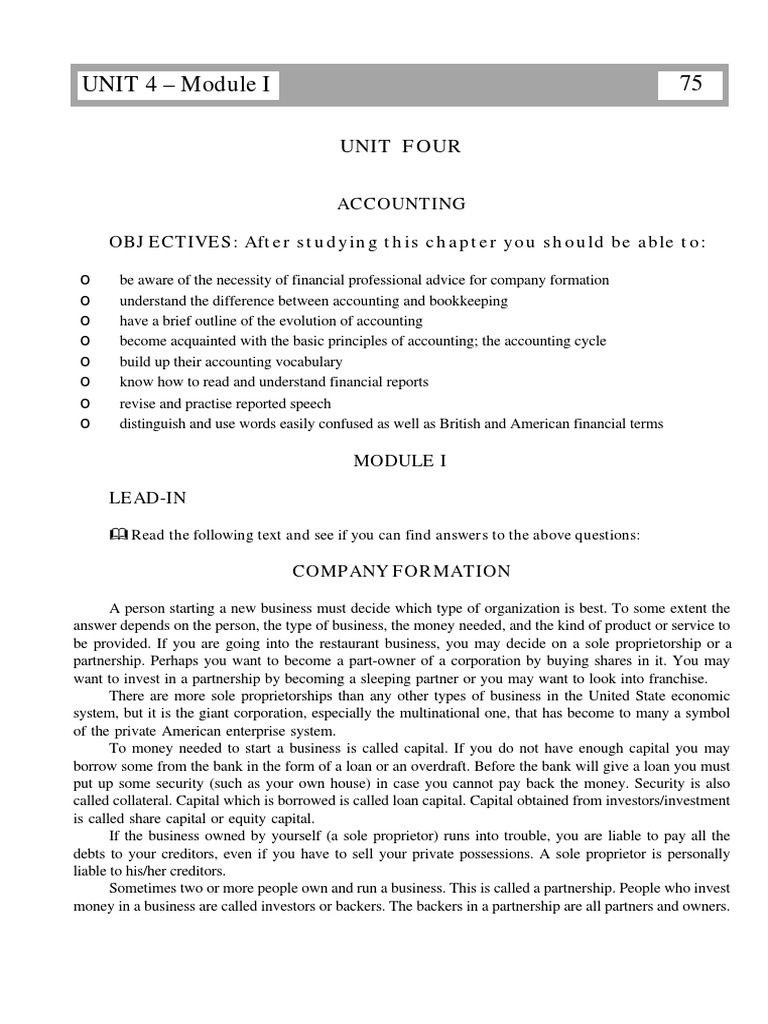 UNIT 4 - Module I 75: Accounting OBJECTIVES: After Studying This Chapter You Should Be Able To ...