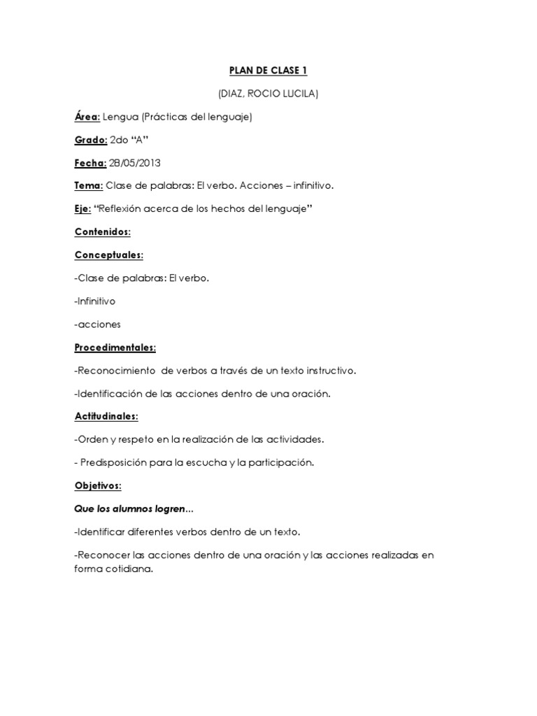 Plan de Clase Lengua 2do | Descargar gratis PDF | Verbo | Palabra