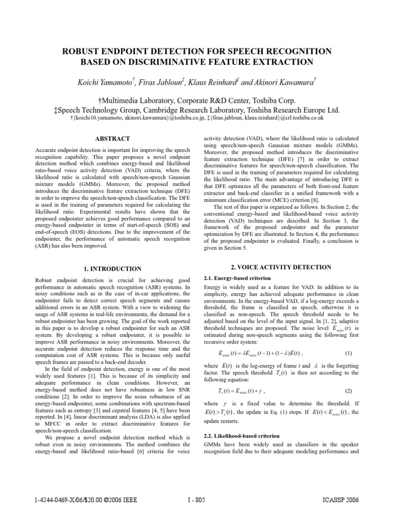 Robust Endpoint Detection For Speech Recognition Based On Discriminative Feature Extraction ...