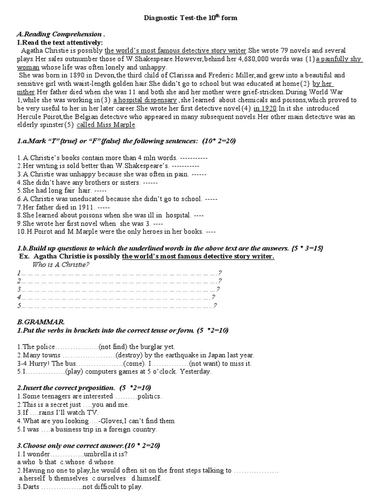 Diagnostic Test-The 10 Form | PDF | Novels
