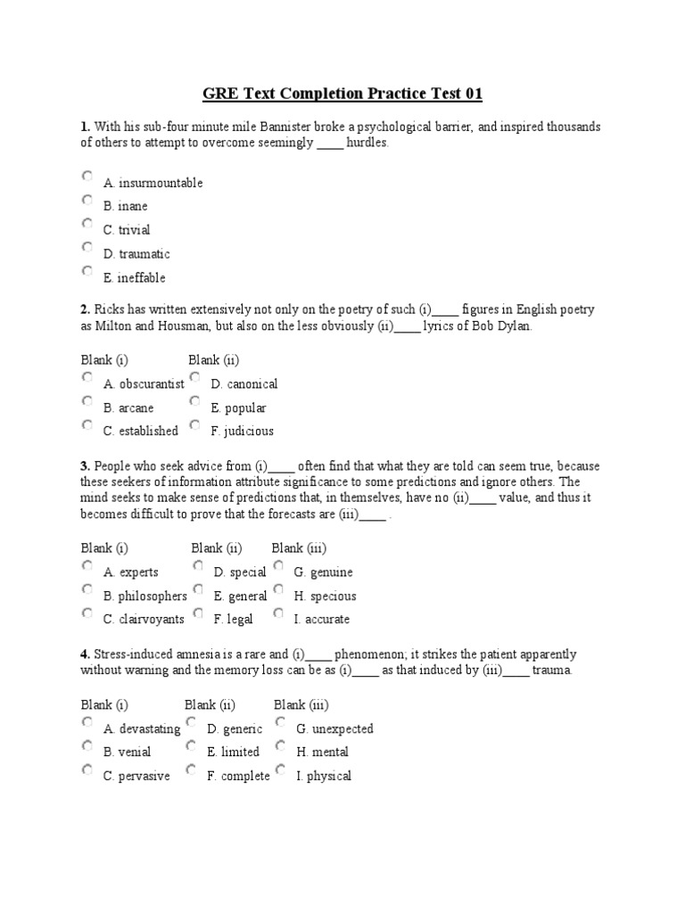 GRE Text Completion Practice Test 01 | Download Free PDF | Science ...