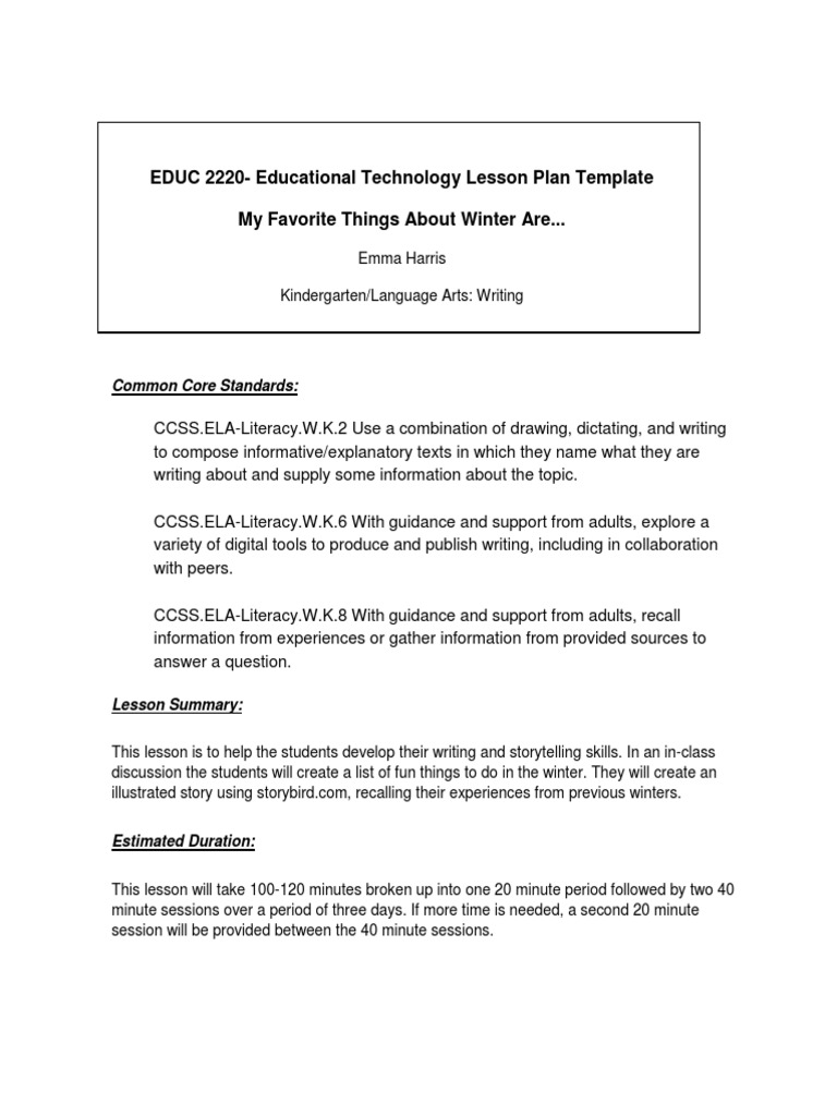 EDUC 2220-Educational Technology Lesson Plan Template My Favorite ...