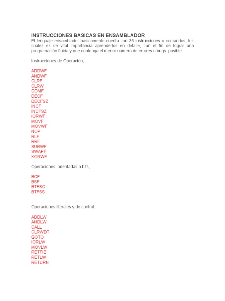 Instrucciones Basicas en Ensamblador | PDF | Lenguaje ensamblador | Arquitectura de Computadores