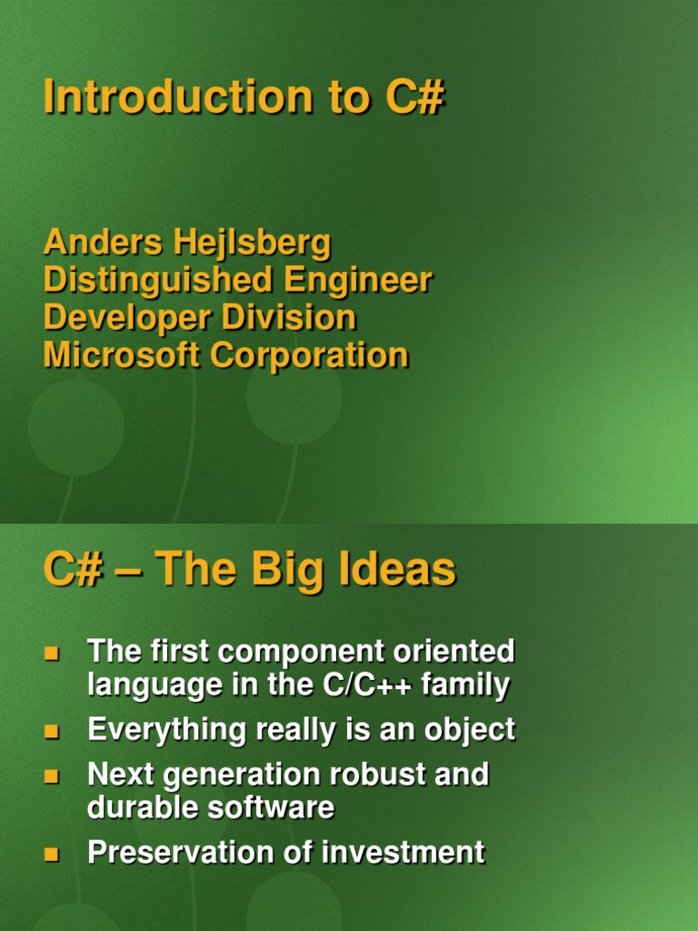 Introduction To C#: Anders Hejlsberg Distinguished Engineer Developer ...