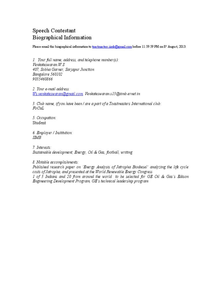 Speech Contestant Biographical Information: Student | PDF | Games ...