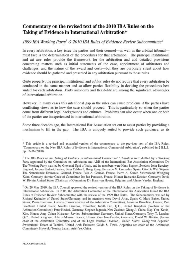 Commentary - IBA Rules On The Taking of Evidence | PDF | Witness ...