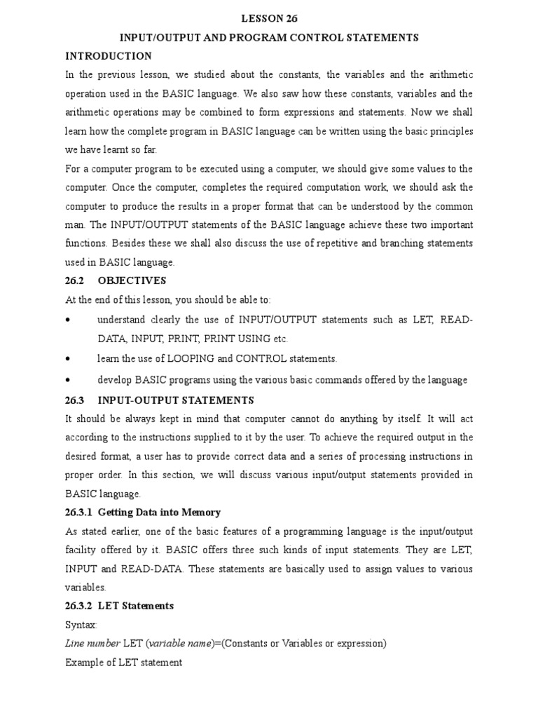 Lesson 26 Inputoutput And Program Control Statements Introduction In