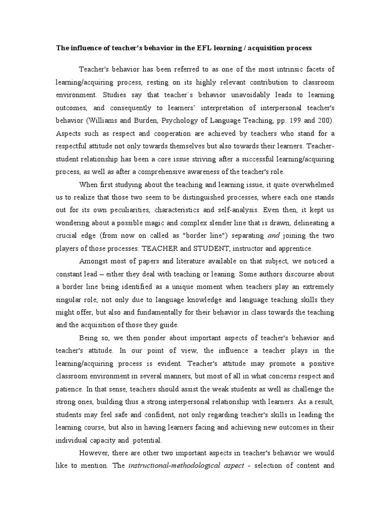 The Influence of Teacher's Behavior in The EFL Learning / Acquisition ...