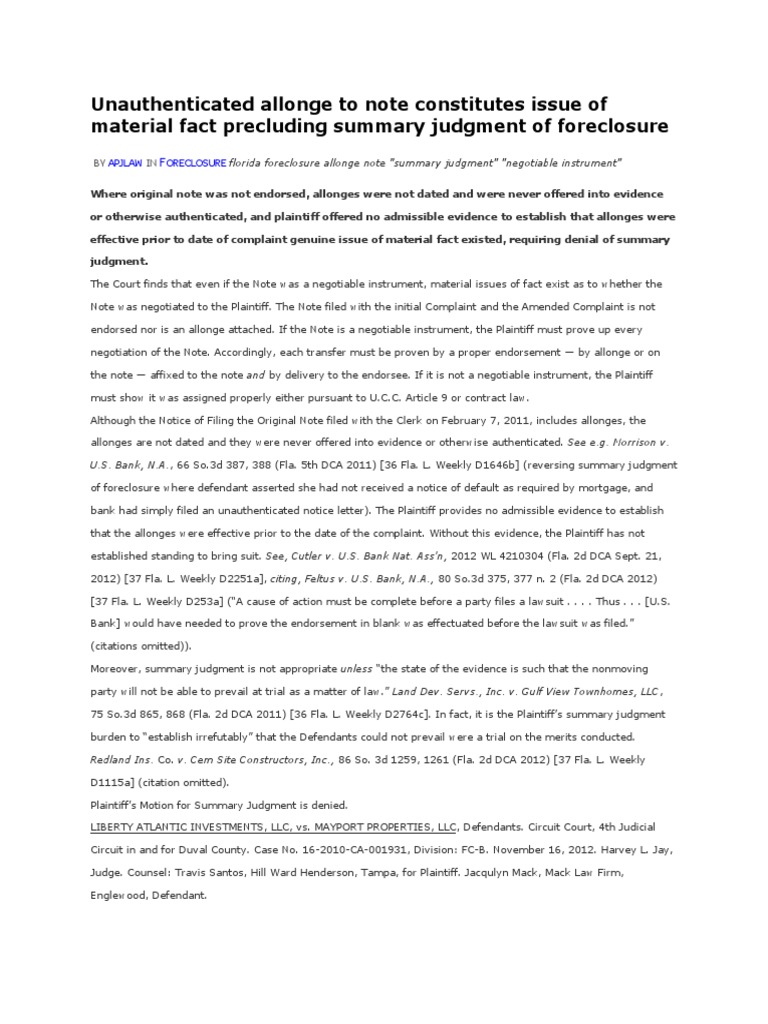 Unauthenticated Allonge To Note Constitutes | PDF | Summary Judgment ...