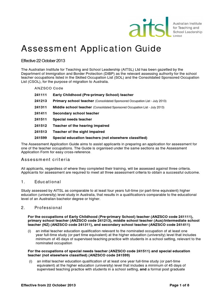 AITSL Application Guide Effective From 22 October 2013 | PDF | Special ...