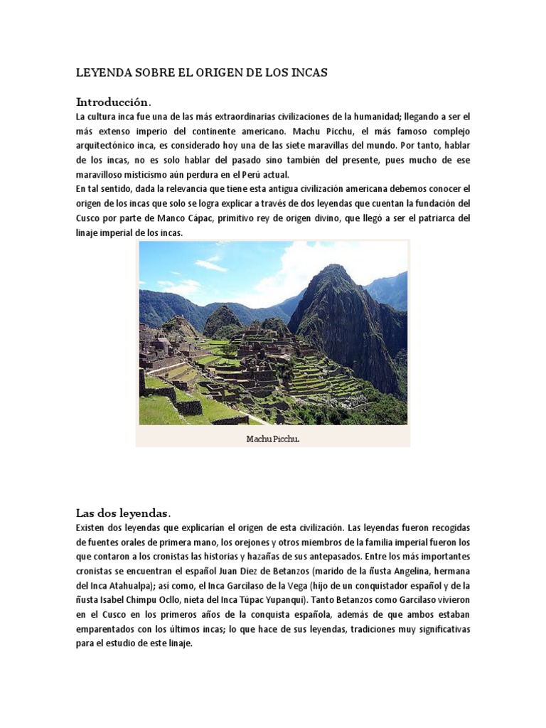 Leyenda Sobre El Origen de Los Incas | PDF | Imperio Inca | Personas