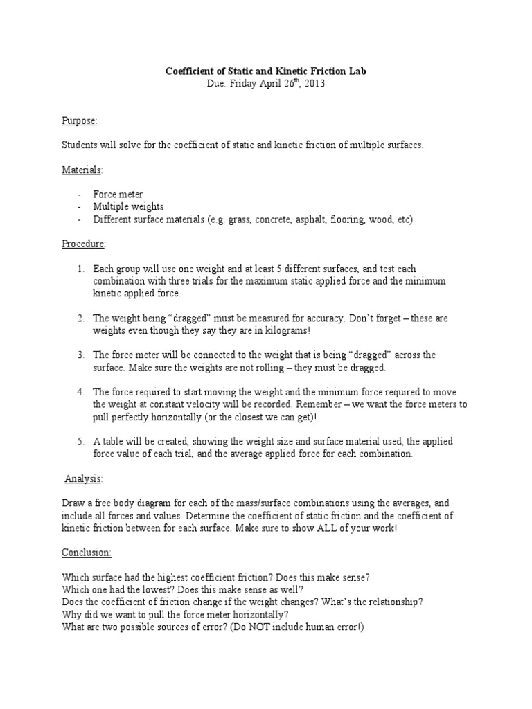 Lab - Coefficient of Static and Kinetic Friction | PDF