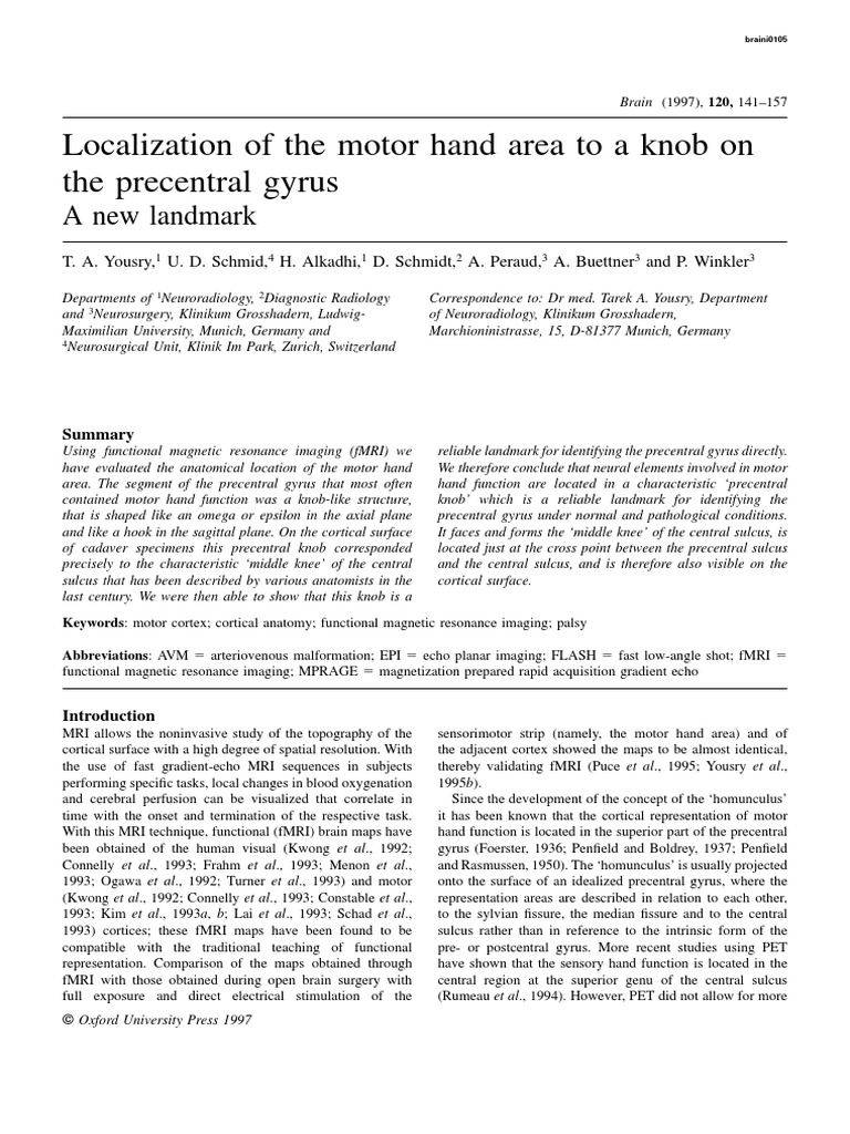 Localization of The Motor Hand Area To A Knob On The Precentral Gyrus ...