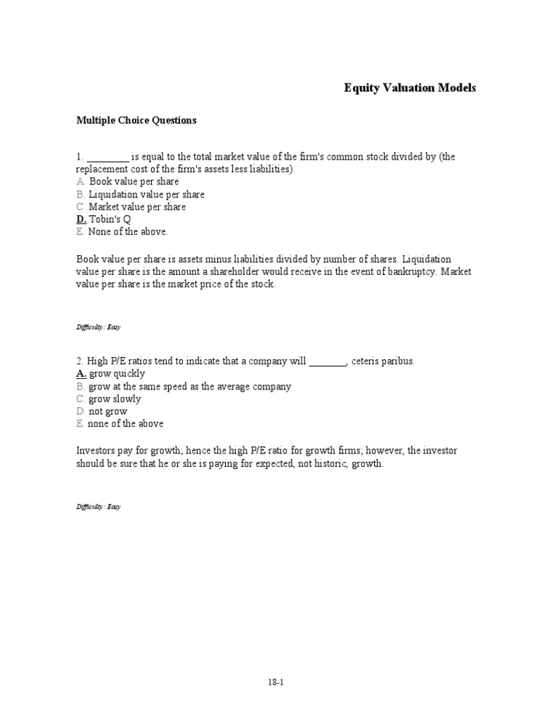 Quiz 5 Equity Valuation M7 Answer | PDF | Book Value | Discounting